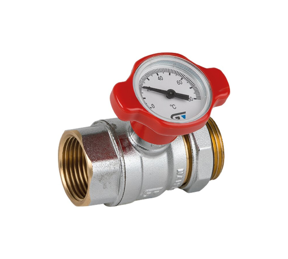 GENEBRE: Ball valve with thermometer for hot water manifold.